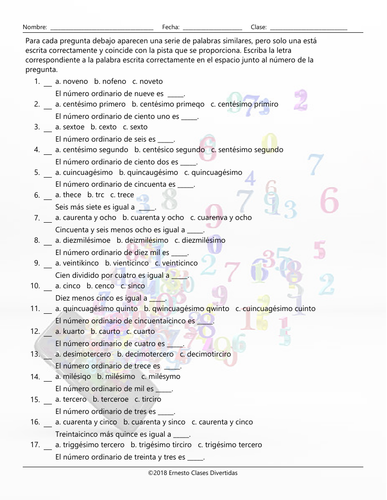 Cardinal and Ordinal Numbers Spelling Challenge Spanish Worksheet ...