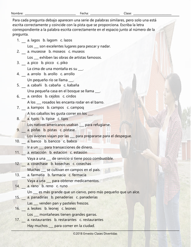 City versus Country Spelling Challenge Spanish Worksheet | Teaching ...