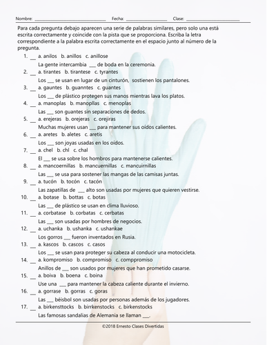 Clothing Accessories, Footwear, and Jewelry Spelling Challenge Spanish ...