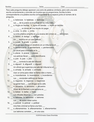 Crime, Law Enforcement, and Courts Spelling Challenge Spanish Worksheet ...