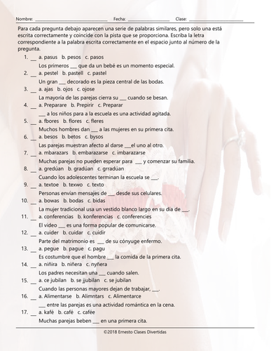 Dating and Marriage Spelling Challenge Spanish Worksheet | Teaching ...