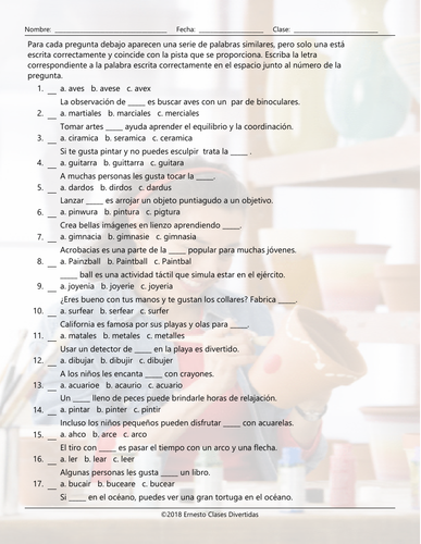 Free Time and Hobbies Spelling Challenge Spanish Worksheet | Teaching ...