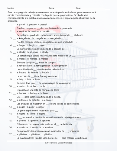 Grocery Shopping Spelling Challenge Spanish Worksheet | Teaching Resources
