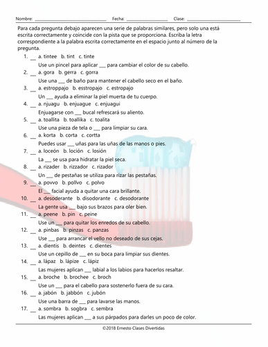 Health and Personal Hygiene Spelling Challenge Spanish Worksheet ...