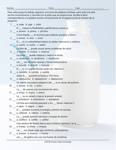 Healthy Lifestyle and Nutrition Spelling Challenge Spanish Worksheet ...