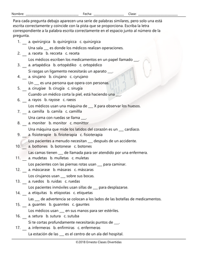 Hospitals and Injuries Spelling Challenge Spanish Worksheet | Teaching ...