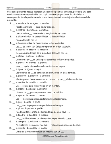 House Repairs, Tools, and Supplies Spelling Challenge Spanish Worksheet ...