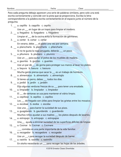 Household Chores and Cleaning Supplies Spelling Challenge Spanish ...