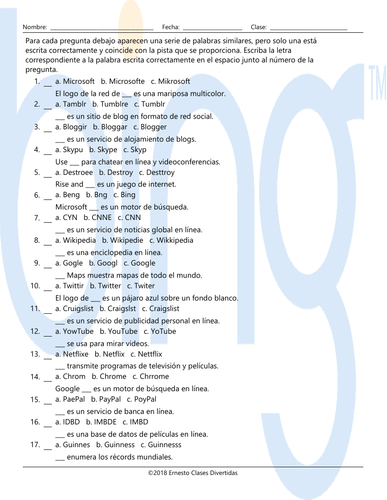 Internet Sites Spelling Challenge Spanish Worksheet | Teaching Resources