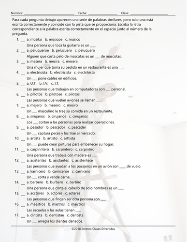Jobs and Professions Spelling Challenge Spanish Worksheet | Teaching ...
