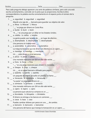 Money and Banking Spelling Challenge Spanish Worksheet | Teaching Resources