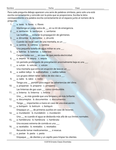 Natural Disasters and Emergencies Spelling Challenge Spanish Worksheet ...