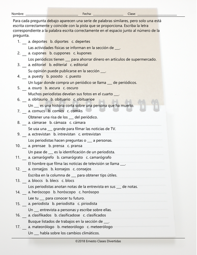 News Media Spelling Challenge Spanish Worksheet | Teaching Resources