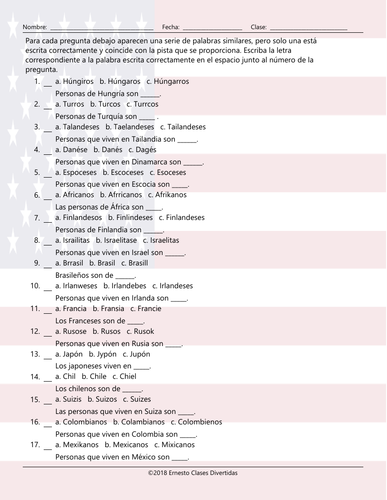 Origins and Nationalities Spelling Challenge Spanish Worksheet ...