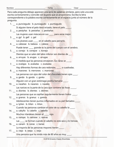 People Descriptions Spelling Challenge Spanish Worksheet | Teaching ...
