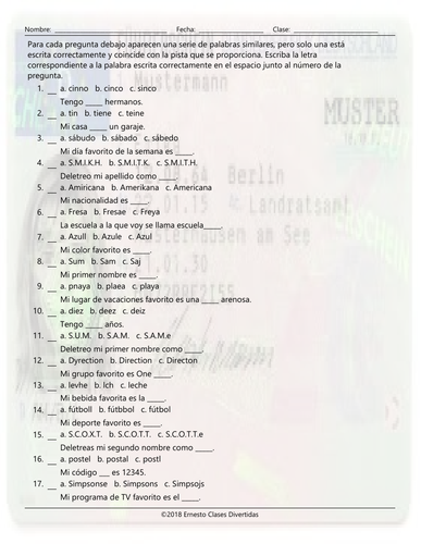 Personal Information Spelling Challenge Spanish Worksheet | Teaching ...