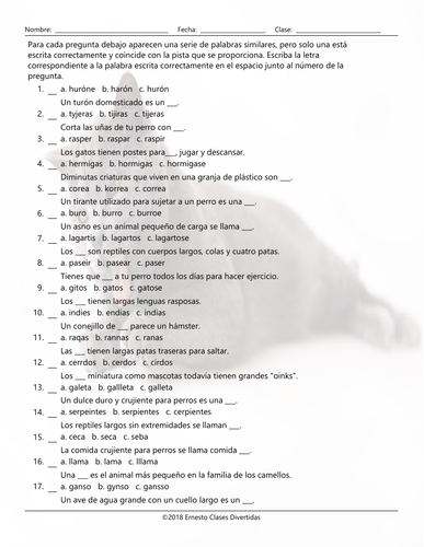 Pets and Pet Care Spelling Challenge Spanish Worksheet | Teaching Resources