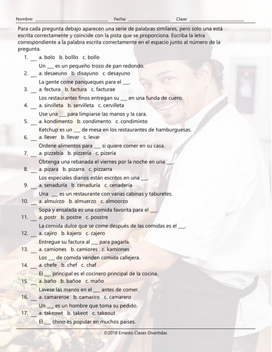 Restaurant Things and Activities Spelling Challenge Spanish Worksheet ...