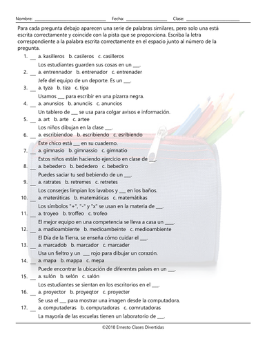 School Items, Places, and Subjects Spelling Challenge Spanish Worksheet ...