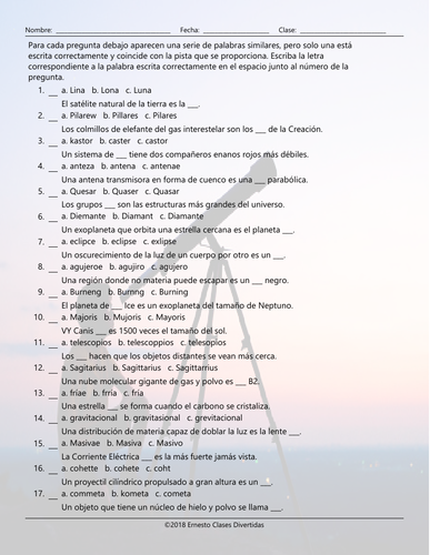 Space and Astronomy Spelling Challenge Spanish Worksheet | Teaching ...