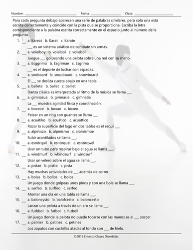 Sports and Exercise Spelling Challenge Spanish Worksheet | Teaching ...