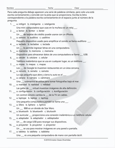 Technology and Gadgets Spelling Challenge Spanish Worksheet | Teaching ...