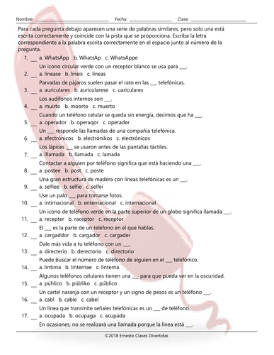 Telephones Spelling Challenge Spanish Worksheet | Teaching Resources