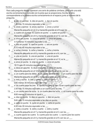 Telling Time Spelling Challenge Spanish Worksheet | Teaching Resources