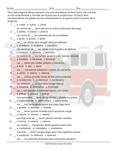 Transportation and Vehicles Spelling Challenge Spanish Worksheet ...