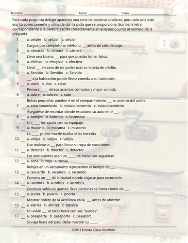 Travel Items and Modes Spelling Challenge Spanish Worksheet | Teaching ...