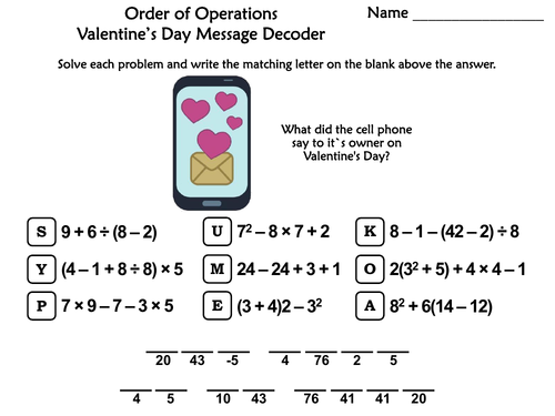 Order of Operations Valentine's Day Math Activity: Message Decoder ...
