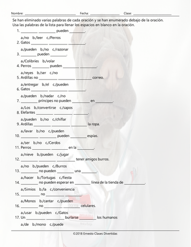 Ability Modals Missing Words Spanish Worksheet | Teaching Resources