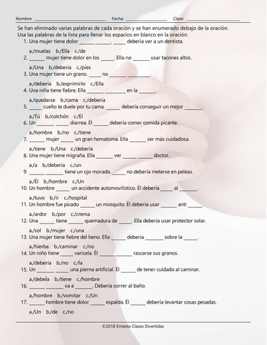 Advice Modals Missing Words Spanish Worksheet | Teaching Resources