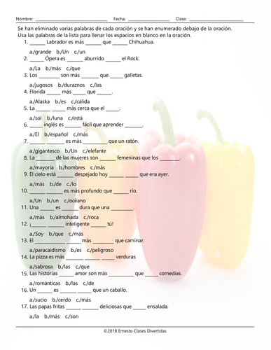Comparative Adjectives Missing Words Spanish Worksheet | Teaching Resources