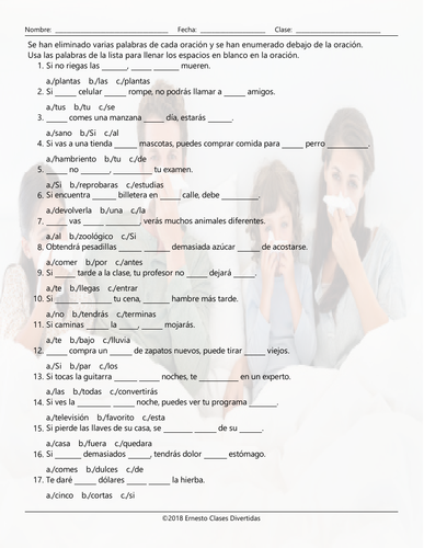 Conditional Sentences Types 0 & 1 Missing Words Spanish Worksheet ...