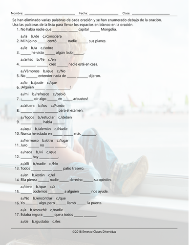 Indefinite Pronouns Missing Words Spanish Worksheet | Teaching Resources