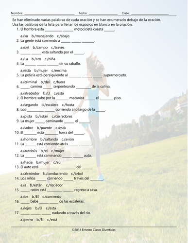 Movement Prepositions Missing Words Spanish Worksheet | Teaching Resources