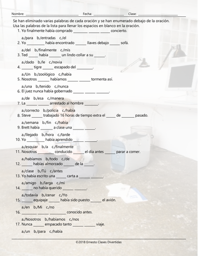 Past Perfect Tense Missing Words Spanish Worksheet | Teaching Resources