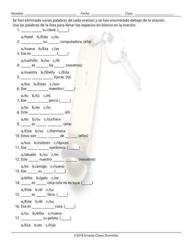 Possessive Adjectives Missing Words Spanish Worksheet | Teaching Resources