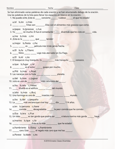 Superlative Adjectives Missing Words Spanish Worksheet | Teaching Resources