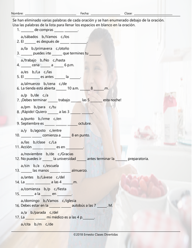 Time Prepositions Missing Words Spanish Worksheet | Teaching Resources