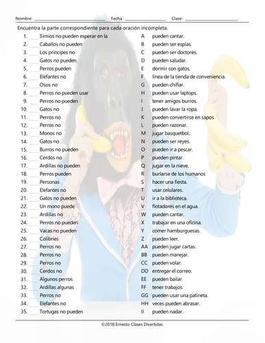 Ability Modals Sentence Match Spanish Worksheet | Teaching Resources
