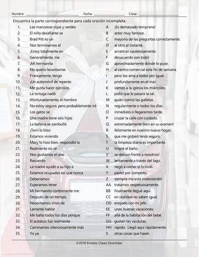 Adverbs Sentence Match Spanish Worksheet | Teaching Resources