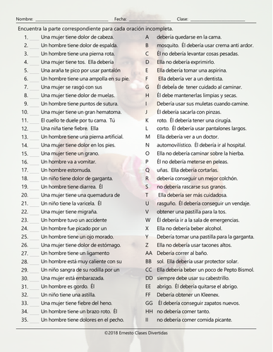 Advice Modals Sentence Match Spanish Worksheet | Teaching Resources