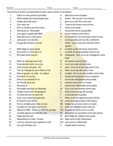 Comparisons with As ...+... As Sentence Match Spanish Worksheet ...