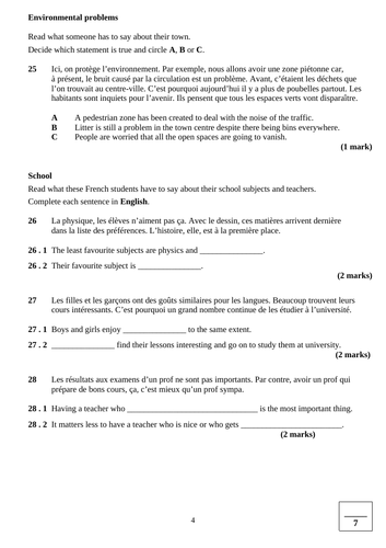AQA GCSE FRENCH Paper 3 Reading (adapted from Paper 1 Listening, May ...