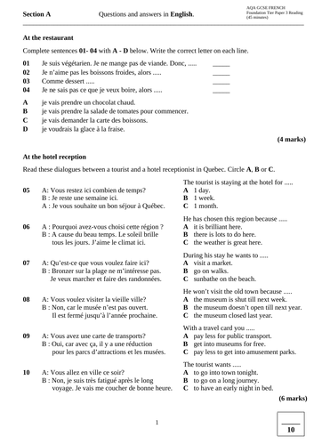 AQA GCSE FRENCH Paper 3 Reading (adapted from Paper 1 Listening, May ...