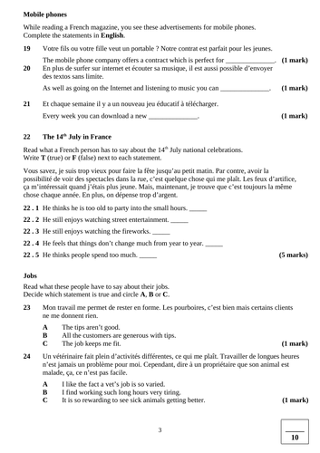 AQA GCSE FRENCH Paper 3 Reading (adapted from Paper 1 Listening, May ...