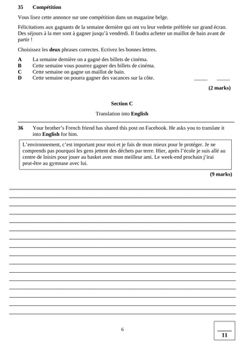 AQA GCSE FRENCH Paper 3 Reading (adapted from Paper 1 Listening, May ...