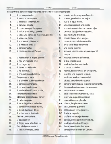 Conditional Sentences Types 0 & 1 Sentence Match Spanish Worksheet ...